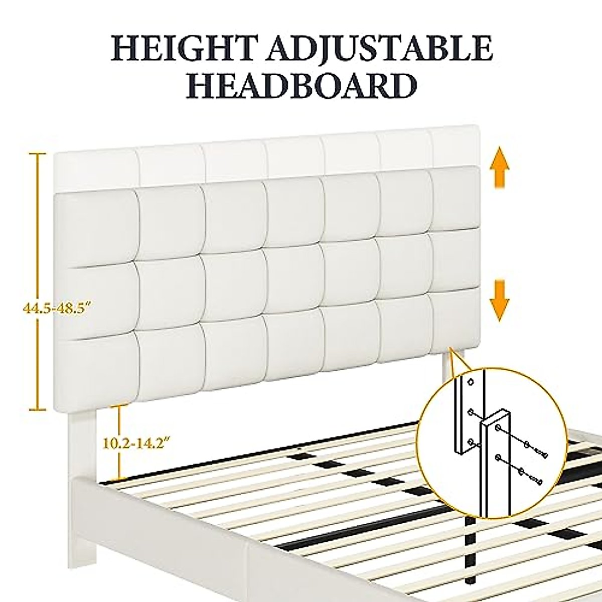 Yaheetech Queen Upholstered Bed Frame, Platform Bed Frame with Square Tufted Fabric Headboard Height Adjustable, Wooden Slats Support, No Box Spring Needed, Beige