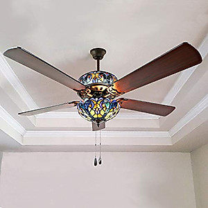 RIVER OF GOODS Tiffany-Style Halston Stained Glass Ceiling Fan - 52" L x 52" W - Mahogany and Black Fan Blades - Blue