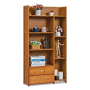 MoNiBloom 4 Tier Bookcase with 2 Drawers, Bamboo Tall Multifunctional Shelf Storage Organizer Book Display Shelves for Bedroom Living Room Office, Brown