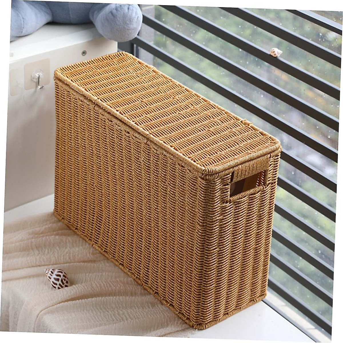 BUTIFULSIC Rattan Magazine Basket with Lid Thin Wicker Storage Decorative Sundries Organizer Handle Book Newspaper Rack