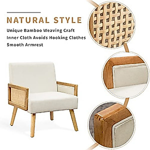 MELLCOM Beige Rattan Chair, Mid Century Modern Accent Chair, Upholstered Chairs with Bamboo Knitting and Solid Wood Legs, Comfy Linen Fabric Armchair for Club, Living Room, Bedroom,Beige-26.4''w