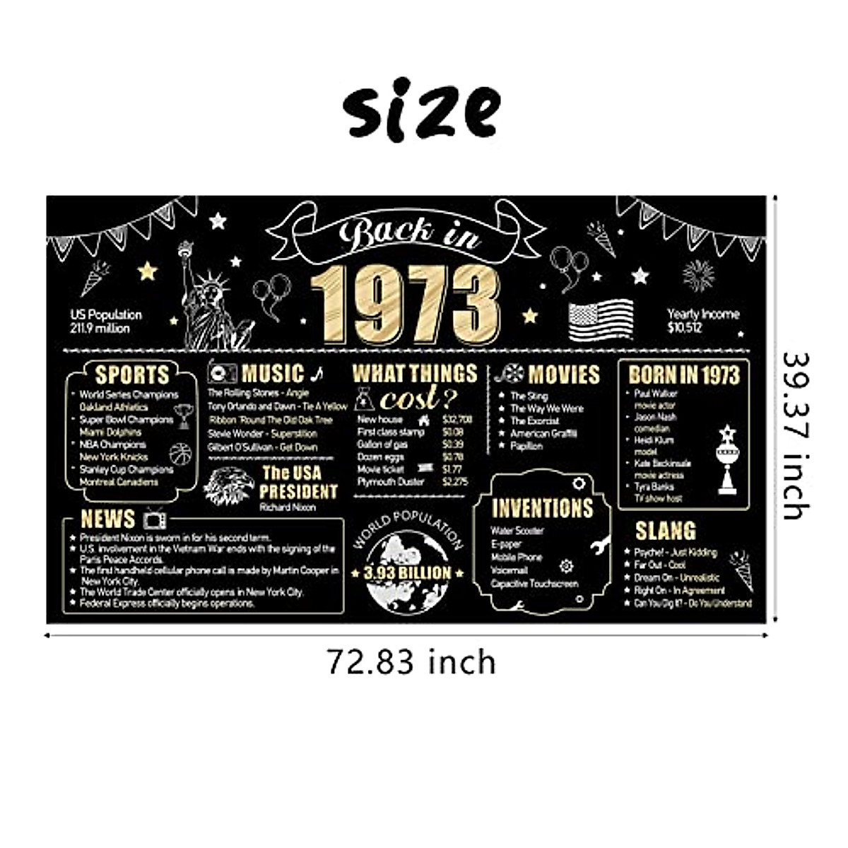 Large 50th Birthday Banner Backdrop Decorations for Men Women, Black Gold Back in 1973 50 Birthday Sign Party Supplies, Happy 50 Year Old Bday Background Decor for Outdoor Indoor