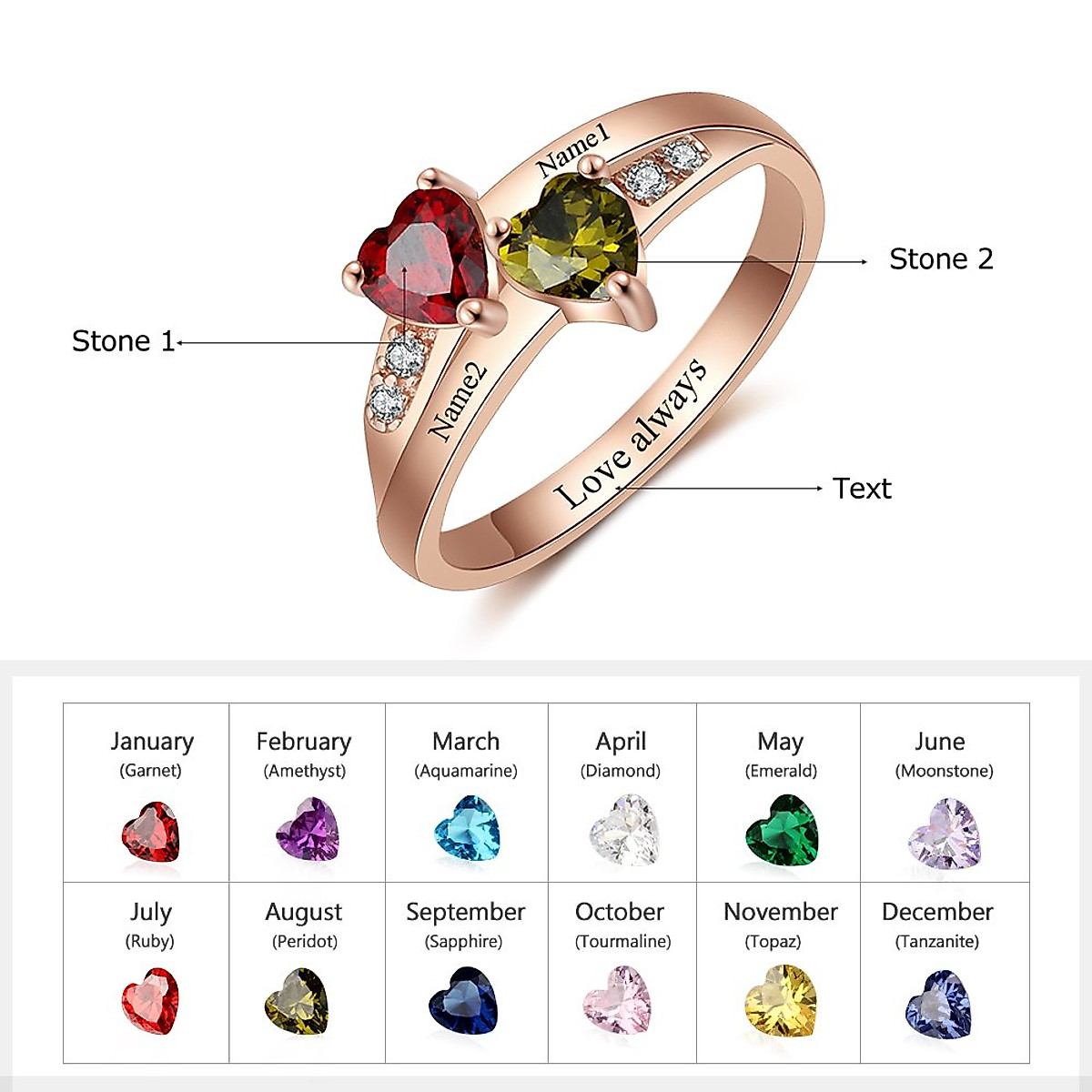 Personalized Promise Rings for Her Mother Rings with 2 Simulated Birthstones Custom Couples Name Ring for Women Rose Gold