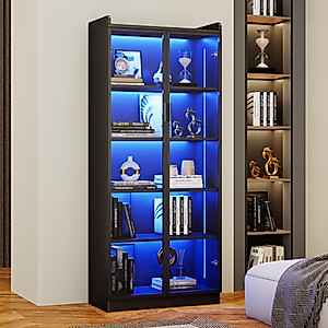 Display Cabinet with Doors and Adjustable Shelves, 65" Tall Bookcase with LED Lights/Human Sensor, 5 Tier Display Case for Collectibles Bedroom Living Room Office, Black - Smoked Black Door