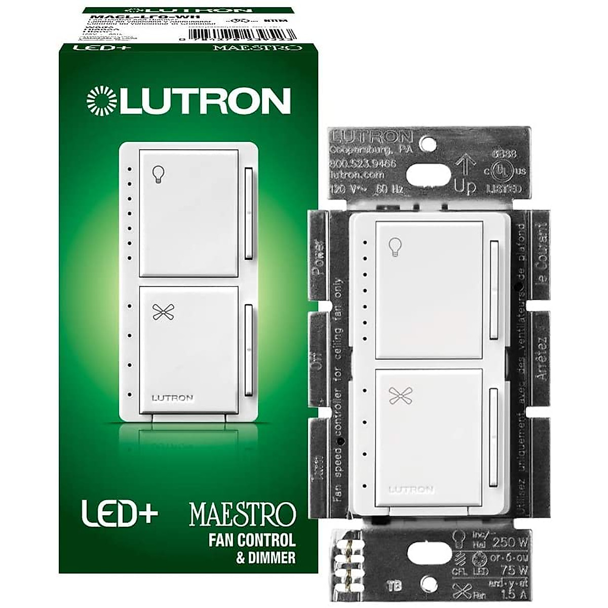 Lutron Maestro LED+ Fan Control and Dimmer for LEDs, Halogen and Incandescent Bulbs | Single-Pole | MACL-LFQ-WH | White (6 Count)