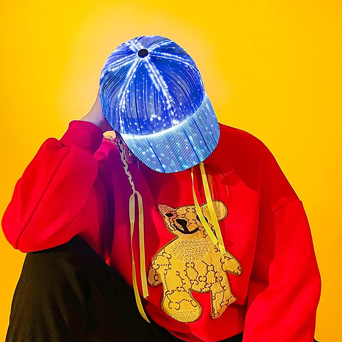 HUNRUY Hip Hop Luminous LED Baseball Cap Hats For Christmas Rave with 7 Colors Light USB Charging (Black)