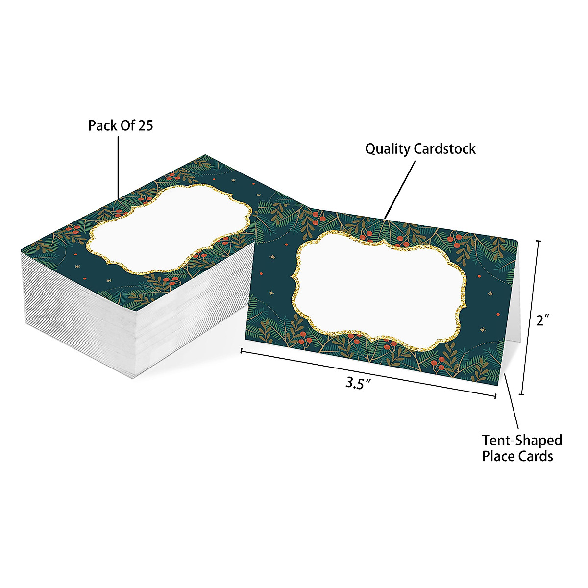 Table Place Card, Christmas Themed Tent Style Cards, Pack of 25 Half-Fold Reception Place Card, Perfect for Christmas Party, Wedding, Bridal & Baby Shower, Birthday, Banquet and Special Events A19