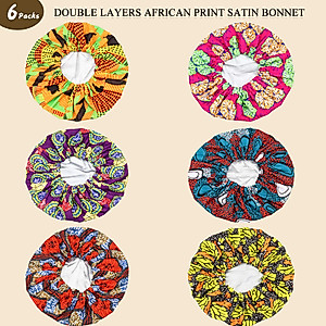 6 Packs Double Layer Satin Bonnet for Women Silk African Print Sleep Cap Head Scarf Large Head Wrap Soft Night Sleeping Hat Adjustable for Long Curly Natural Hair Braids