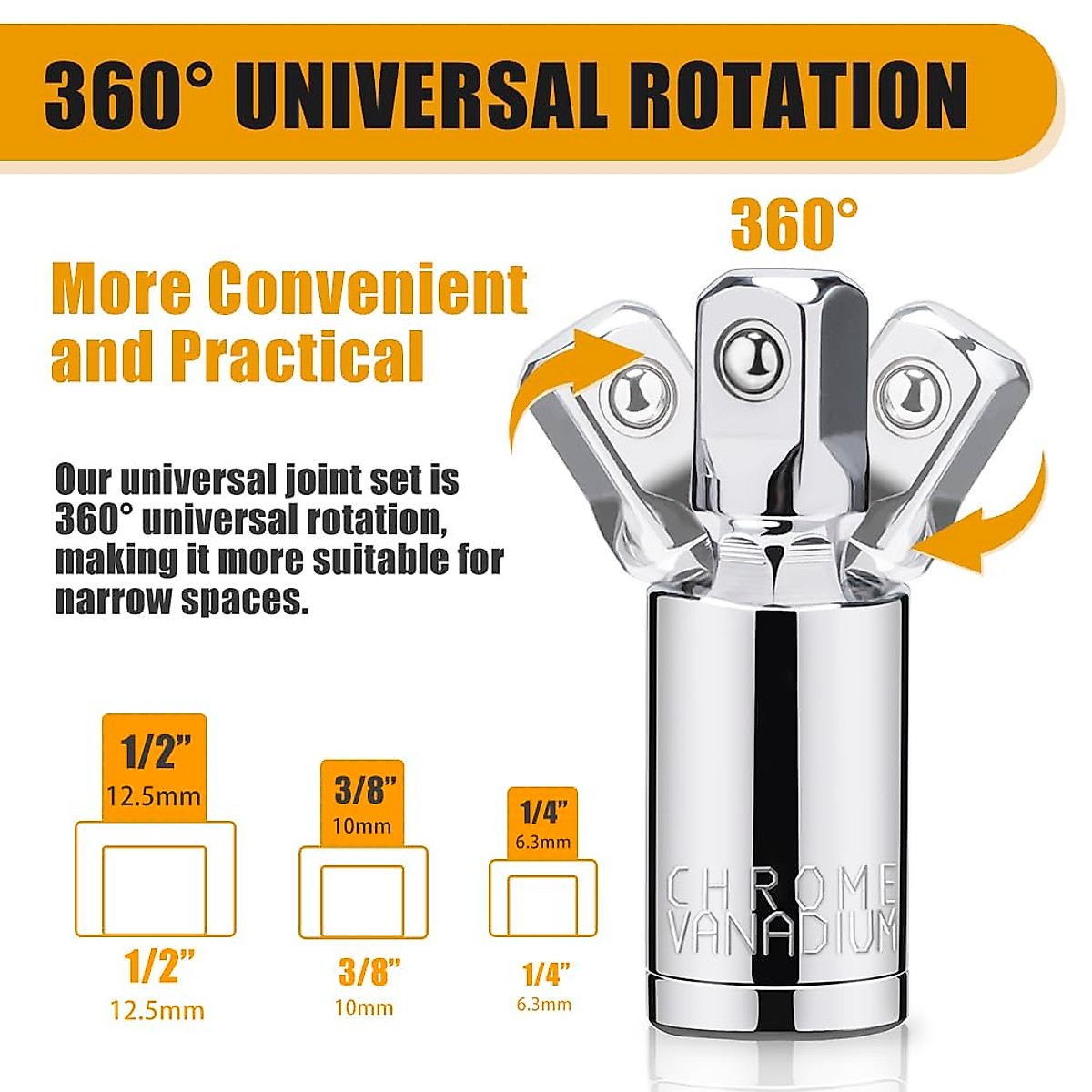 3PCS Universal Joint Socket Set, 1/4” 3/8” 1/2” Drive Swivel Socket Adapter Set, Premium Chrome Vanadium Steel Universal Joint Socket Adapter Suitable for Narrow Spaces- Tiosamd
