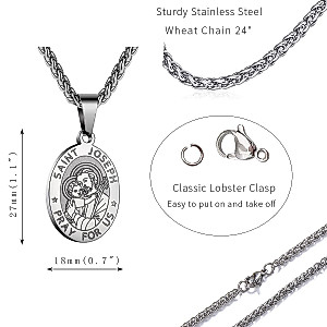 P. BLAKE Stainless Steel St. Saint Joseph Medal Necklace Catholic Saint Joseph Pray for Us Pendant with Chain