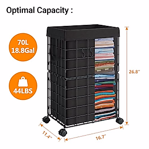 ELYKEN 2 Pack Laundry Hamper with Wheels, Durable Metal Wire Frame with Removable 70L/18.8Gal Capacity Inner Bag, Rolling Laundry Basket with Washable Liner Bag for Bathroom, Black