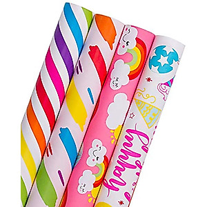 WRAPAHOLIC Birthday Wrapping Paper Roll - Rainbow Pony with Cut Lines for baby shower - 4 Rolls - 30 inch X 120 inch Per Roll