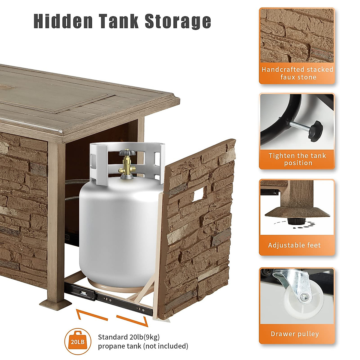 Vicluke 44 Inch Aluminum Propane Fire Pit Table w/Faux Ledgestone, Hand-Painted Table Top, 50,000 BTU Fire Table w/CSA Certification,Waterproof Cover,Glass Rock for Outdoor,Patio,Christmas(Brown)