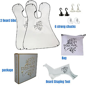 Beard Catcher Kit, 2 Beard Apron/Bib for Mess-Free Shaving+ 6 Suction Cups+ Transparent Beard Shaper with Comb+ Carrying Cloth Bag, Perfect For Men/Boyfriend/Father/Husband/Roommate (WHITE)