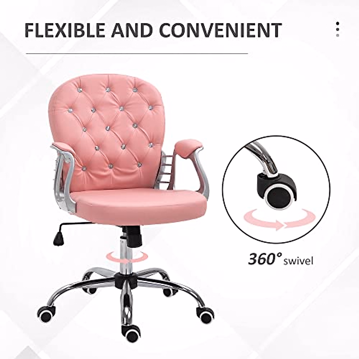 Vinsetto PU Leather Home Office Chair, Button Tufted Desk Chair with Padded Armrests, Adjustable Height and Swivel Wheels, Pink