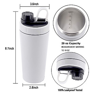 Stainless Steel Protein Shaker Bottle Insulated Keeps Hot/Cold Dishwasher Safe/Double Wall/Odor Resistant/Sweatproof/Leakproof/Durable 20 oz (White)…