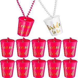Betgod Shot Necklace,Bridal Shot Glass Necklace,Necklace Shot Glasses,Pink and White with Gold Foil for Bachelorette Party Bridal Party Necklaces 12 PCS (Red)