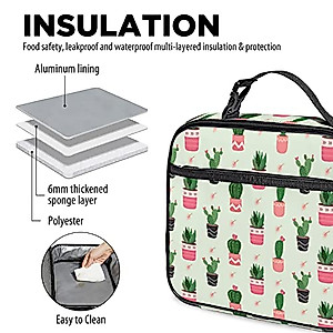 Insulated Lunch Bag for Kids, Leakproof Reusable Boys Girls Lunch Box Container with Detachable Buckled Handle, Durable Nylon Cooler Lunch Tote with Side Pocket for Work School Adult (Green Cactus)