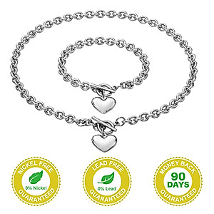 W/W Lifetime Heart Chain Necklace + Heart Bracelet for Women Hearts Pendant Toggle Charm Jewelry Set Stainless Steel