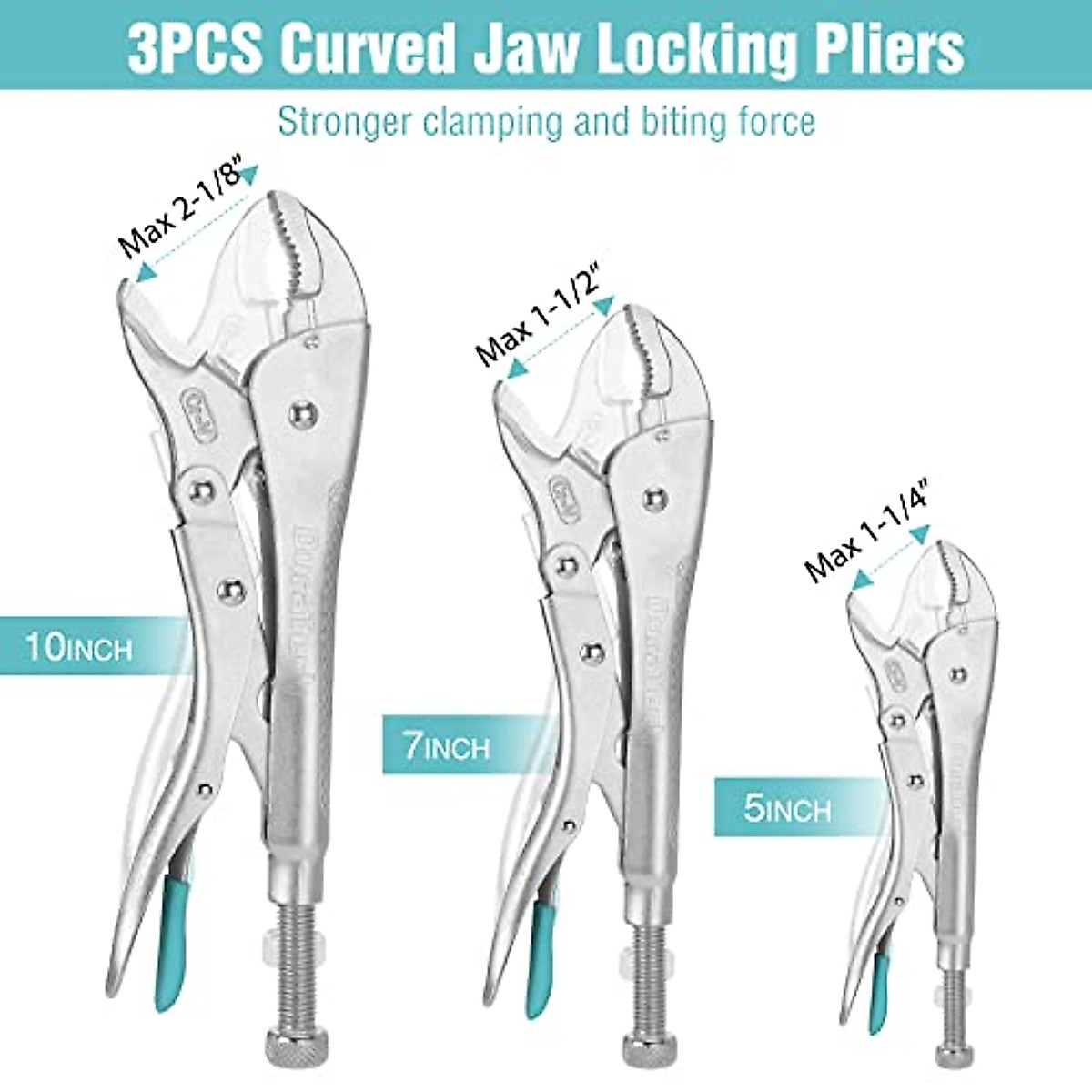 DURATECH 6-Piece CR-V Locking Pliers Set, 6-1/2”, 9-1/2” Long Nose Locking Pliers, 5”, 7” and 10” Curved Jaw Locking Pliers, 6” C-clamp Locking Pliers, Fast Release with Oxford Rolling Pouch