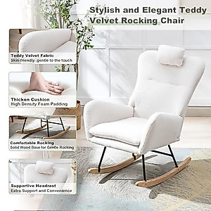 HForesty Teddy Rocking Chairs, Glider Chair for Nursery with Armrests, Upholstered Velvet Nursery Chair with Headrest, Glider Rocker with Backrest, Comfy Chair for Bedroom, Living Room, Kitchen