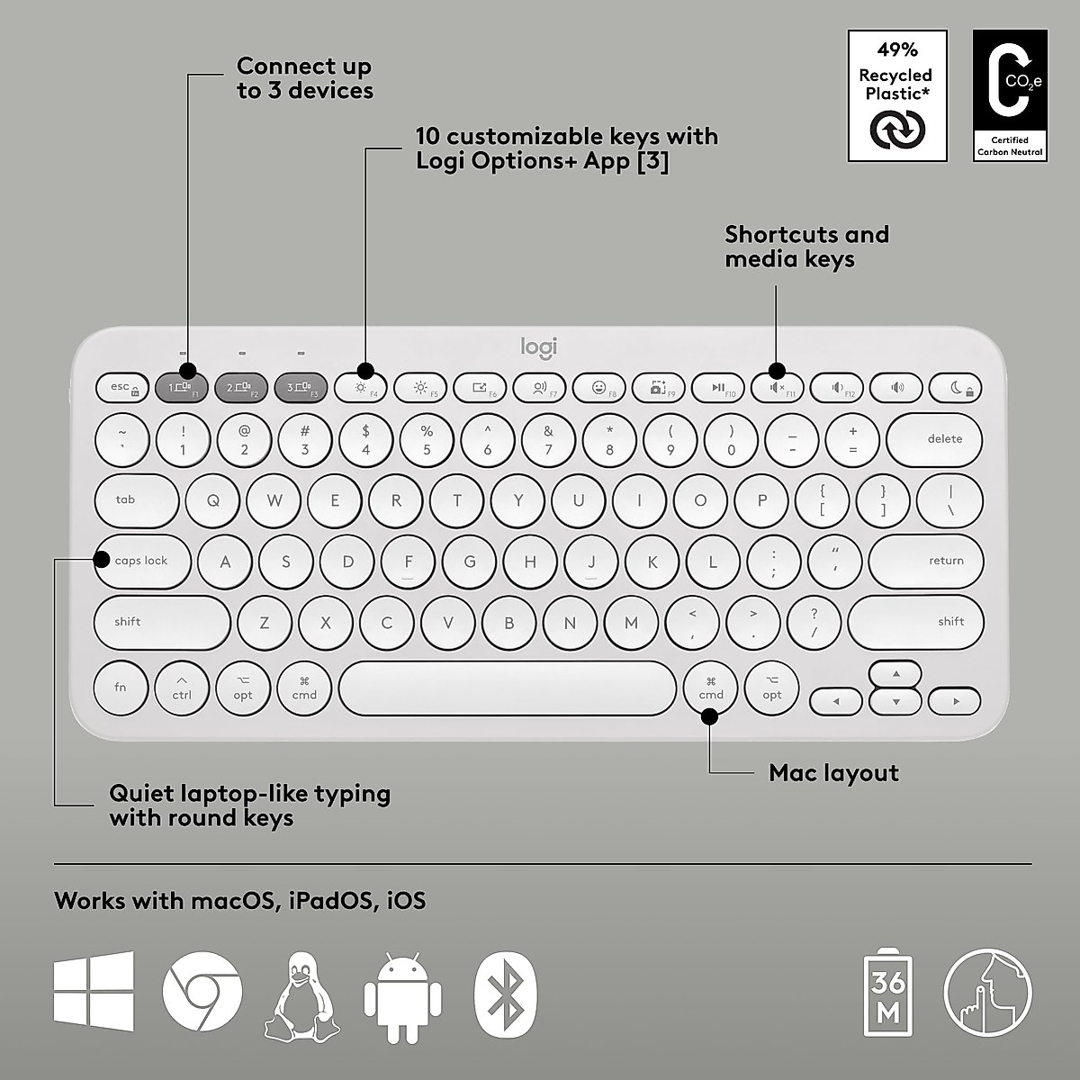 Logitech Pebble 2 Combo for Mac, Wireless Keyboard and Mouse, Slim, Quiet and Portable, Customizable, Bluetooth Mouse and Keyboard, Easy-Switch, for macOS, iPadOS - Tonal White