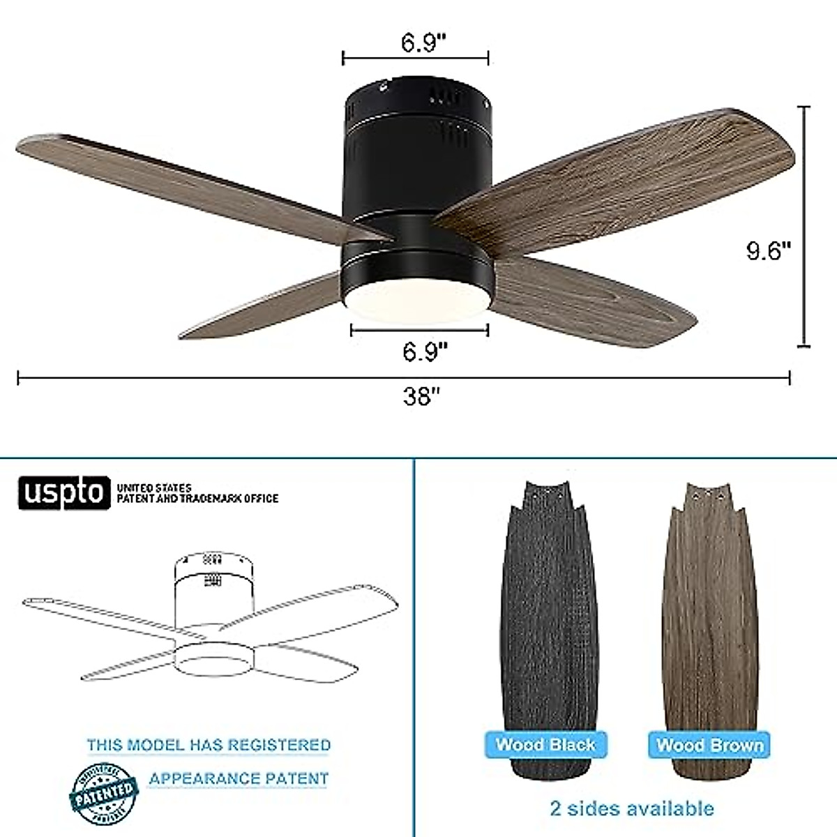 Ohniyou Ceiling Fan with Lights - 38'' Small Flush Mount Ceiling Fans Remote & APP Control - Dimmable Indoor Outdoor Quiet DC Low Profile Ceiling Fan for Patio Kitchen Bedroom(Black)