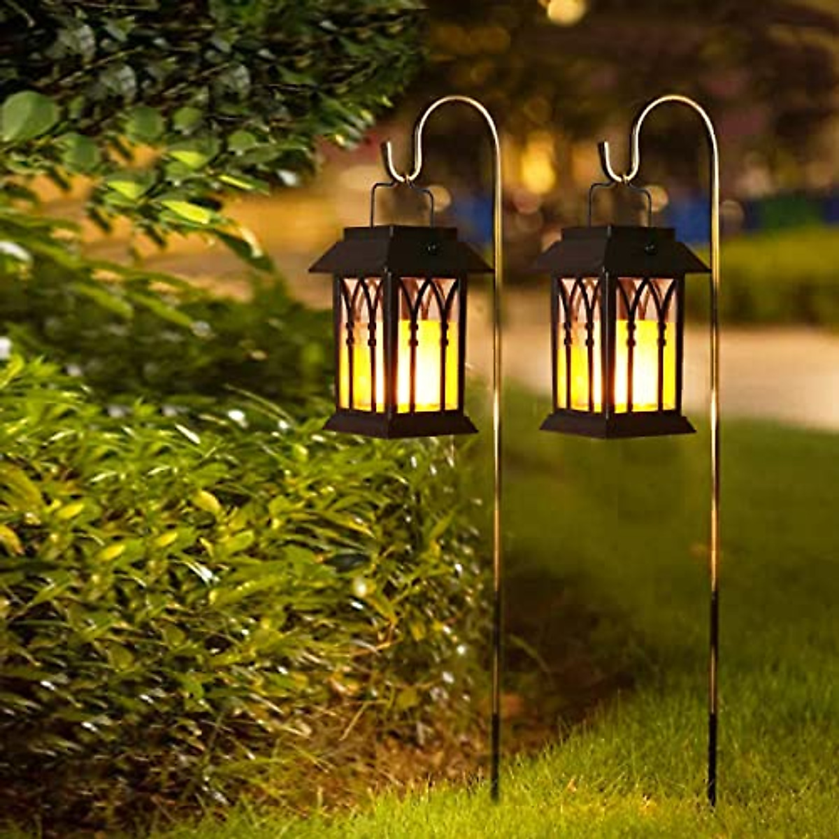 Gisanty Solar Hanging Lanterns Outdoor,2 Pack Black Flickering Candles Hanging Solar Lanterns IP44 Waterproof Lighting Decorative for Porch Table Patio