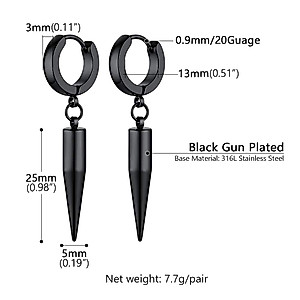 Black Earrings Cool Mens Dangling Hoop Goth Gothic Punk Steel Spike Dangle Dangly Earrings For Men Man Women