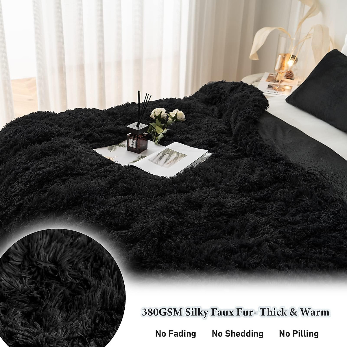 CHOSHOME Plush Shaggy Duvet Cover Twin Size, 3 PCS Fluffy Comforter Fuzzy Flannel Bedding Sets(1 Faux Fur Duvet Cover + 2 Pillowcases), Zipper Closure & 8 Corner Ties, Black