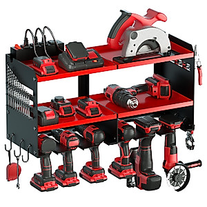 Spampur Power Tool Organizer with Charging Station, 6 Drill Holders Wall Mount, Heavy Duty Metal Premium Garage Tool Shelf, Gift for Man Cordless Tool Storage Rack with 4 Outlet Power Strip - Red