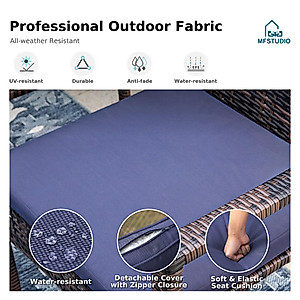 MFSTUDIO 6 Pieces Outdoor Patio Dining Set for 4 with Umbrella, Patio Square Metal Table and Rattan Chairs of 4 with Umbrella, Outdoor Patio Wicker Dining Furniture Set with 10ft Umbrella (Navy Blue)