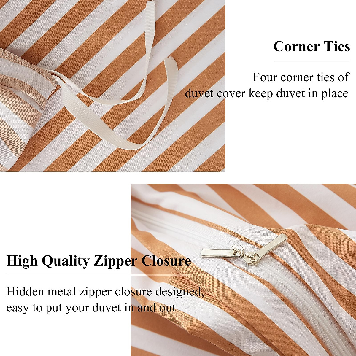 EAVD Duvet Cover Queen White and Khaki Striped Duvet Cover Soft Microfiber Modern Striped Gemetric Pattern Bedding Set with 2 Pillowcases Reversible Striped Comforter Cover with Zipper Closure