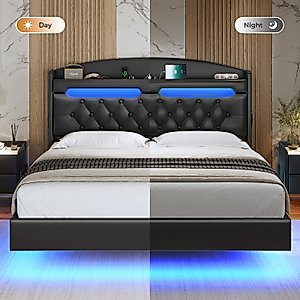 ADORNEVE Floating Bed Frame Queen with Hidden Storage Headboard, Floating LED Bed Frame with Charging Station, Upholstered Leather Platform Bed with Storage, No Box Spring Needed, Black