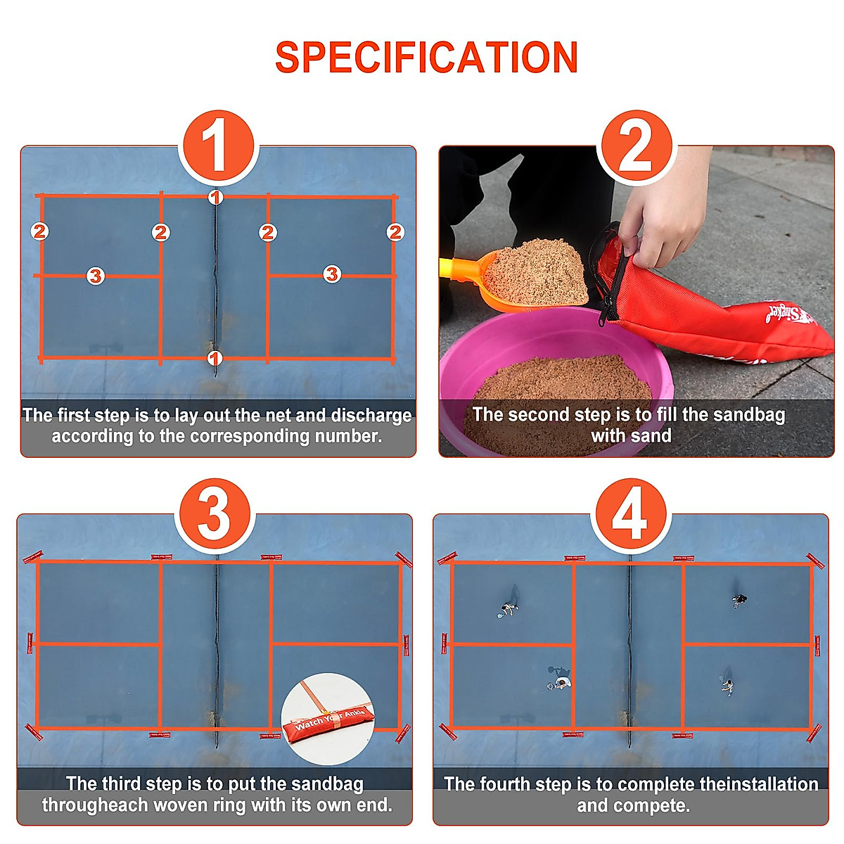 Singker PortablePickleball Court Marking Kit,Innovative, 10 Zippered sandbags Keep thewind from Messing Around,Temporary Pickleball Boundary Lines, 8 Nylon webbings, Net Not Included