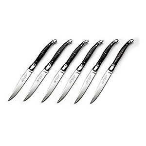 Laguiole California Steak Knives - 6 Piece Blackwood Set - Ergonomic Handles - Stored in a California Oakwood Gift Box - Extremely Sharp Straight Steel Blades are Thick Gauge, Full Tang