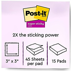 Post-it Super Sticky Notes, 3x3 in, 15 Sticky Note Pads, 2x the Sticky Power, Bright Colors, Post-it Notes, Super Sticky Note Pads, Stick Notes, Sticky Pad, Colorful Sticky Notes Pack (654-15SSCP)