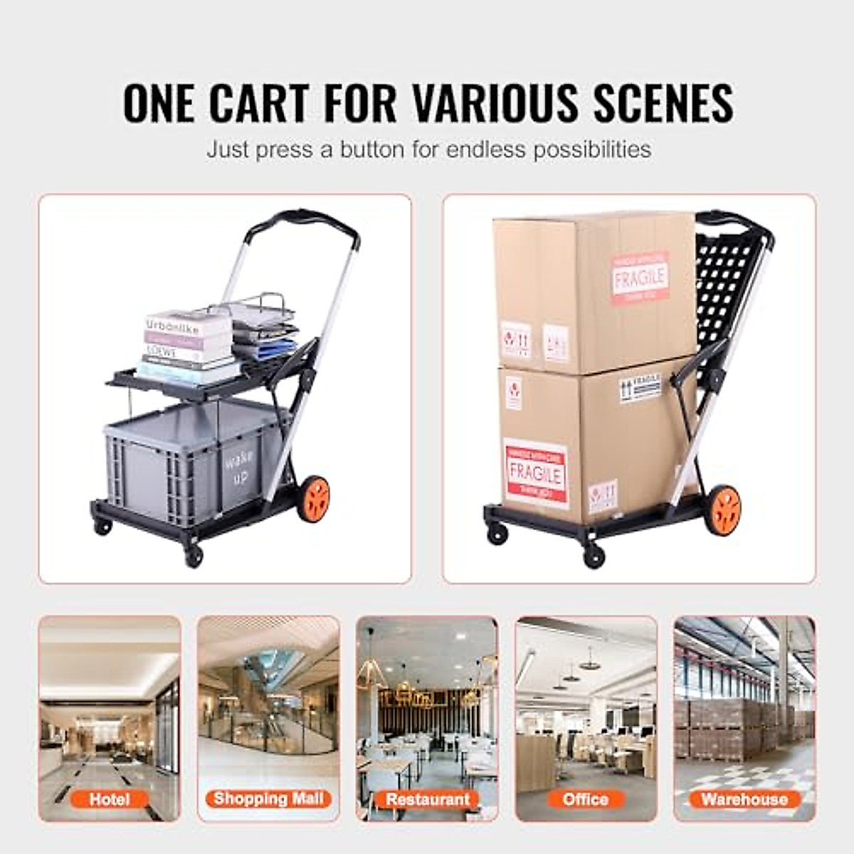 VEVOR Multi Use Functional Collapsible Cart, 198 lbs Capacity 2-Tier Folding Shopping Cart with Wheels, Collapsible Utility Cart with Storage Crate, 2 in 1 Hand Truck for Grocery/Luggage/Moving/Office