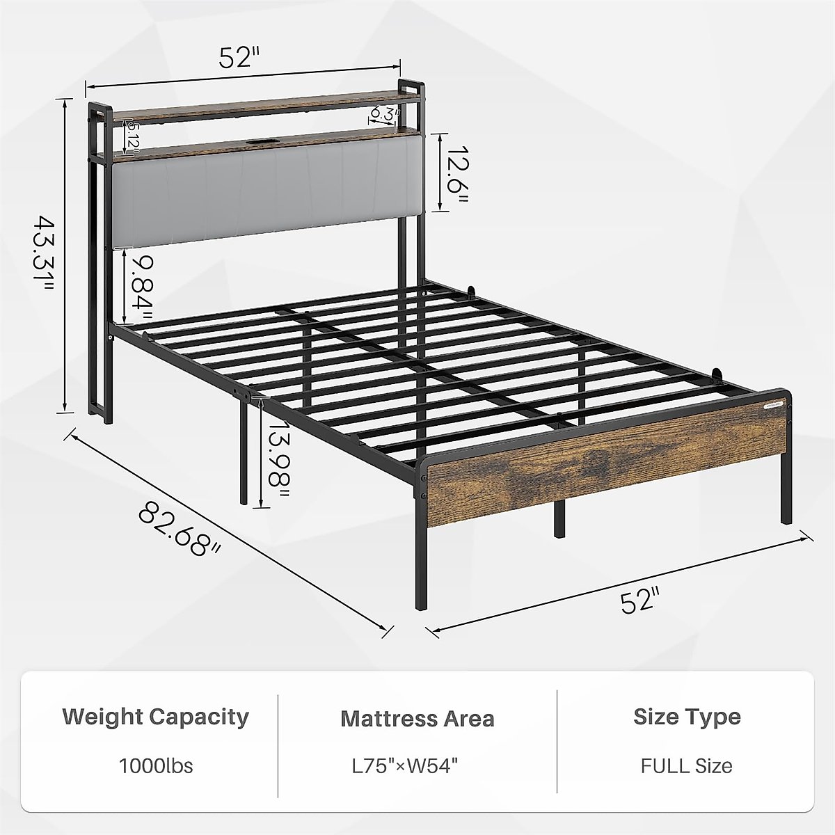 Redlife Full Size Bed Frame with 2-Tier Storage Headboard, Metal Platform Bed Frame with Charging Station & Upholstered, Noise-Free, No Box Spring Needed, Easy Assembly, Rustic Brown