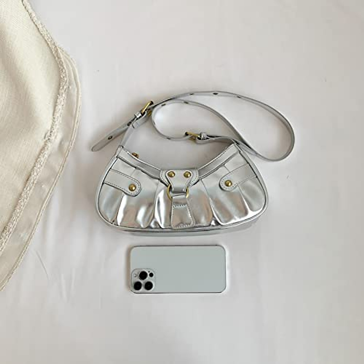 Y2k Purse for women, Silver Metallic Crossbody Shoulder Bag, Punk Hobo Bag Tote Handbag Satchel Bag