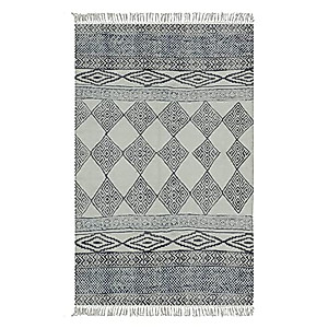 Casavani Hand Block Printed Rug Moroccan Beige & Black Tassel Rug Boho Area Rug Easy Care Washable Rugs for Doormat Entryway Living Room Bedroom Hallway Balcony 5x5 Feet Square