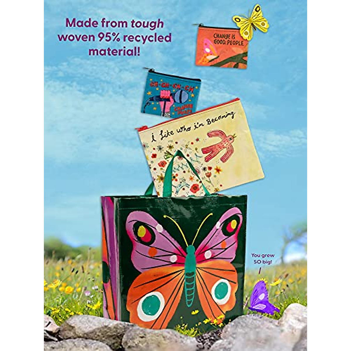 Blue Q Shoppers, Reusable Grocery Bag, Sturdy, Easy-to-Clean, 15" h x 16" w x 6" d, made from strong 95% recycled material (Multicolored)