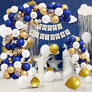 RUBFAC Royal Blue Gold Balloons Garland Arch Kit, Royal Blue Metallic Gold White Balloons with Star Foil Balloons for Graduation Birthday Baby Shower Party Supplies Decorations
