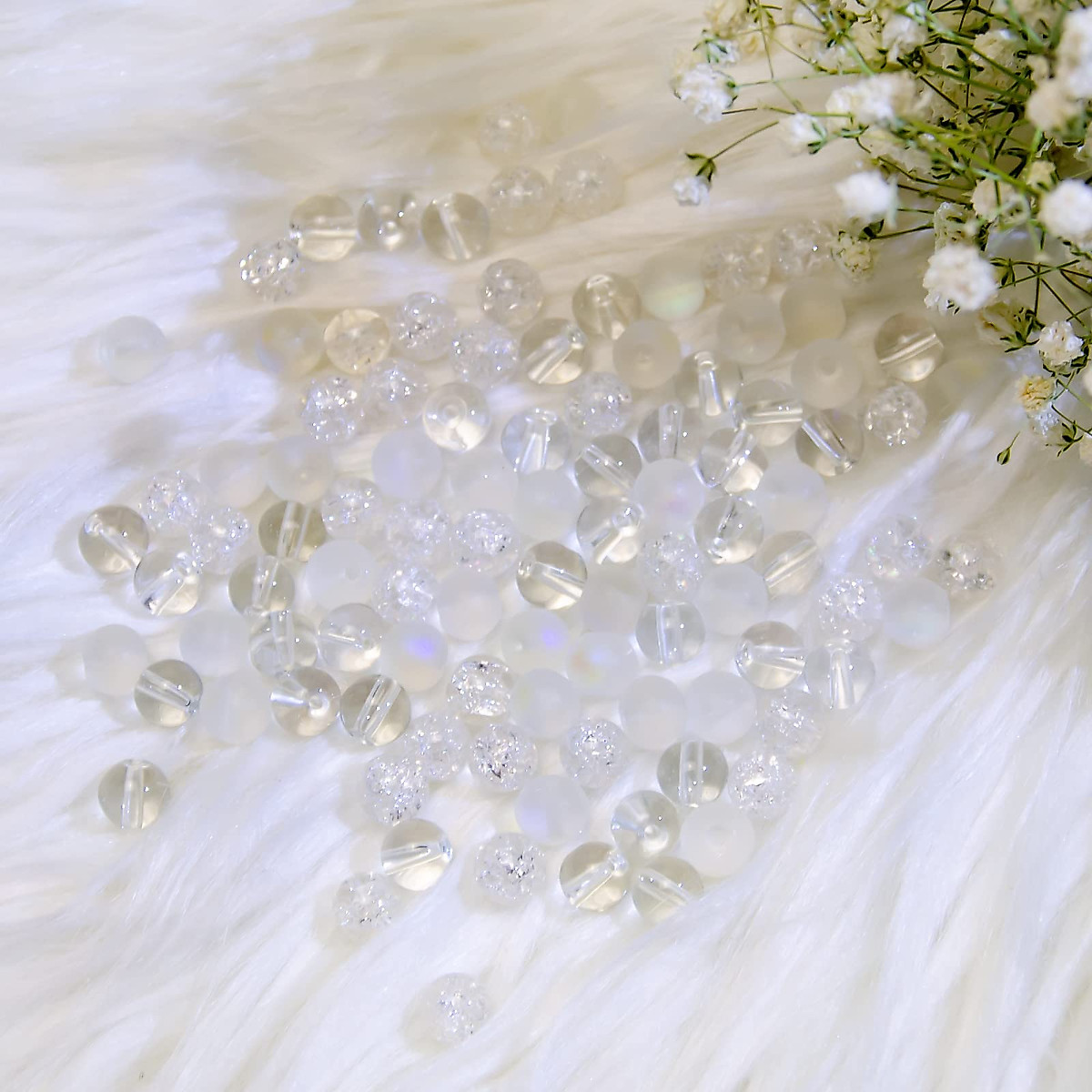 Niziky Glass Beads, 100pcs 8MM Round, Mix Crackle Lampwork, Aurora Crystal, Matte Gemstones Spacer Beads for Crafts, Loose Beads for Bracelet Making