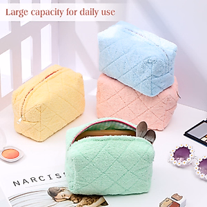 LEIFIDE 4 Pcs Quilted Makeup Bag Pouch Cute Plush Fuzzy Checkered Cosmetic Bag Cotton Terry Cloth Toiletry Pouch with Zipper Portable Travel Organizer Preppy Brush Storage for Christmas Women Gift