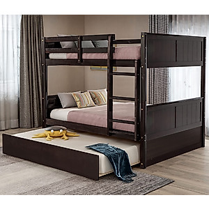 RUNWON Solid Wood Full Over Full Bunk Bed with Trundle and Ladder for Kids Adults Bedroom,Can be Split into Two Separate Beds