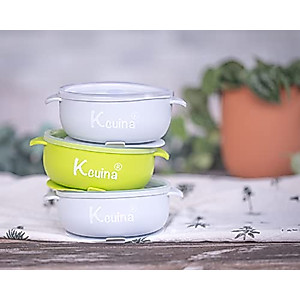 Kcuina Silicone Baby Feeding Set - Suction Plate, Bowl with Lid, Baby Spoons, and Bibs. First Stage Self-Feeding Utensils Set. Food Grade Silicone. BPA Free.