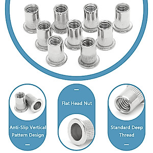 Qjaiune 50PCS 5/16"-18 Stainless Steel Threaded Insert Rivet Nut, 5/16-18UNC Rivnuts Flat Head Rivets, Knurled Nutsert Screws Blind Nut