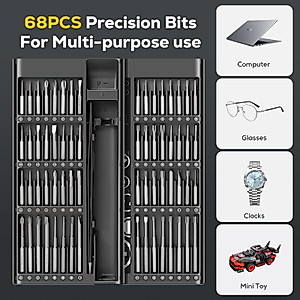 Electric Screwdriver, Power Screwdriver Set 68 in 1 Mini Cordless Screwdriver Rechargeable, 5 Torque Settings 3 LED Lights Precision Screwdriver for PC Accessories Phone Camera Laptop Gifts for Men