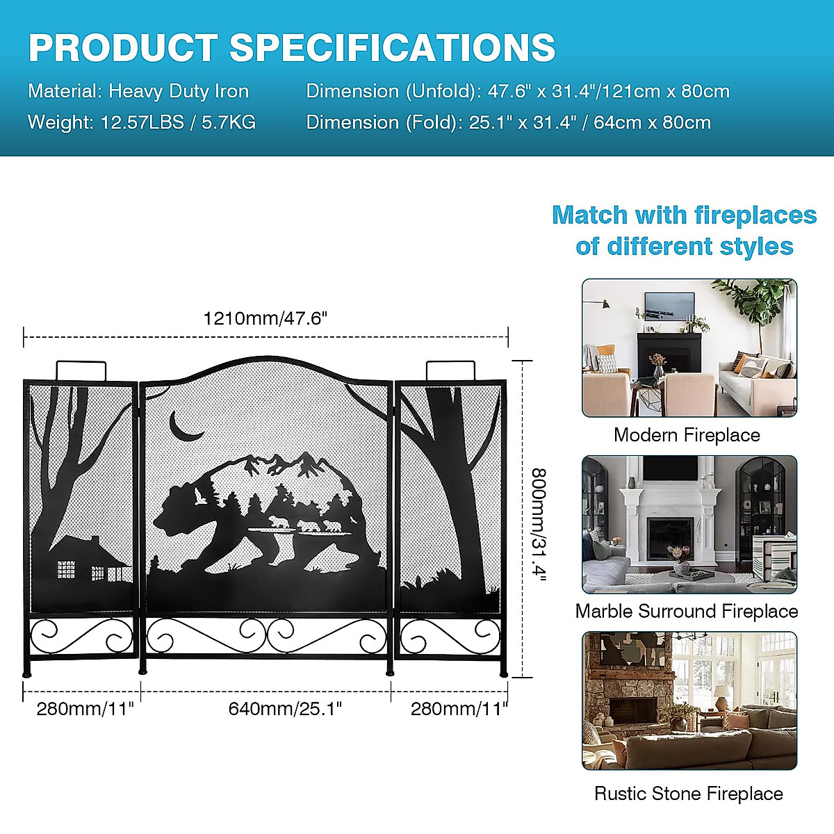 IRONWALLS 3-Panel Folding Fireplace Screens Decorative, 47.6” x 31.4” Metal Bear Fireplace Screens Fire Screen Gate Fence Spark Guard Kid Proof, Heavy Duty Fireplace Screen Black for Home Farmhouse
